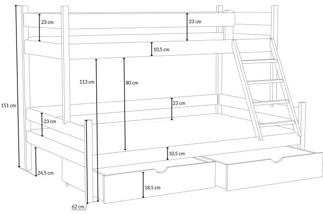Dětská patrová postel z masivu borovice s rozšířeným spodním lůžkem NEVADA se šuplíky - 200x90/140 cm - PŘÍRODNÍ BOROVICE