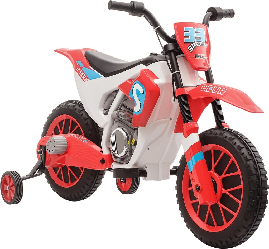 HOMCOM Dětská Elektrická Motorka 12V s 2 Odnímatelnými Stabilizátory pro Děti od 3 Let PP Kovová Červená+Bílá 106,5 x 51,5 x 68 cm | Aosom