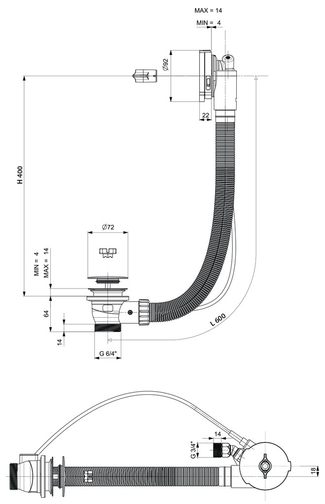 Polysan Vanová souprava s napouštěním, bovden, délka 600mm, zátka 72mm, chrom, 71851