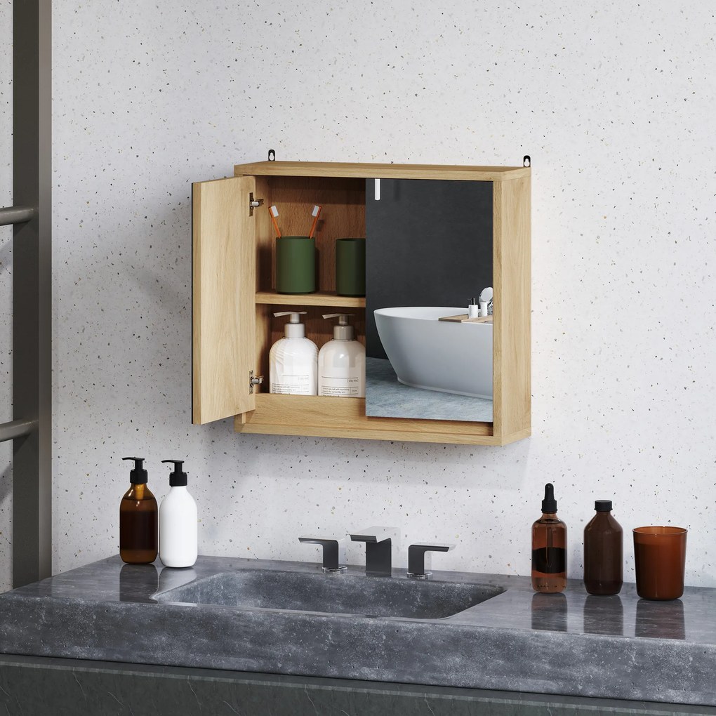 HOMCOM Koupelnová skříňka se zrcadlem, 2 dveřmi a nastavitelnou policí, závěsná koupelnová skříňka pro moderní koupelnu 48x14,5x45 cm, přirodní dřevo