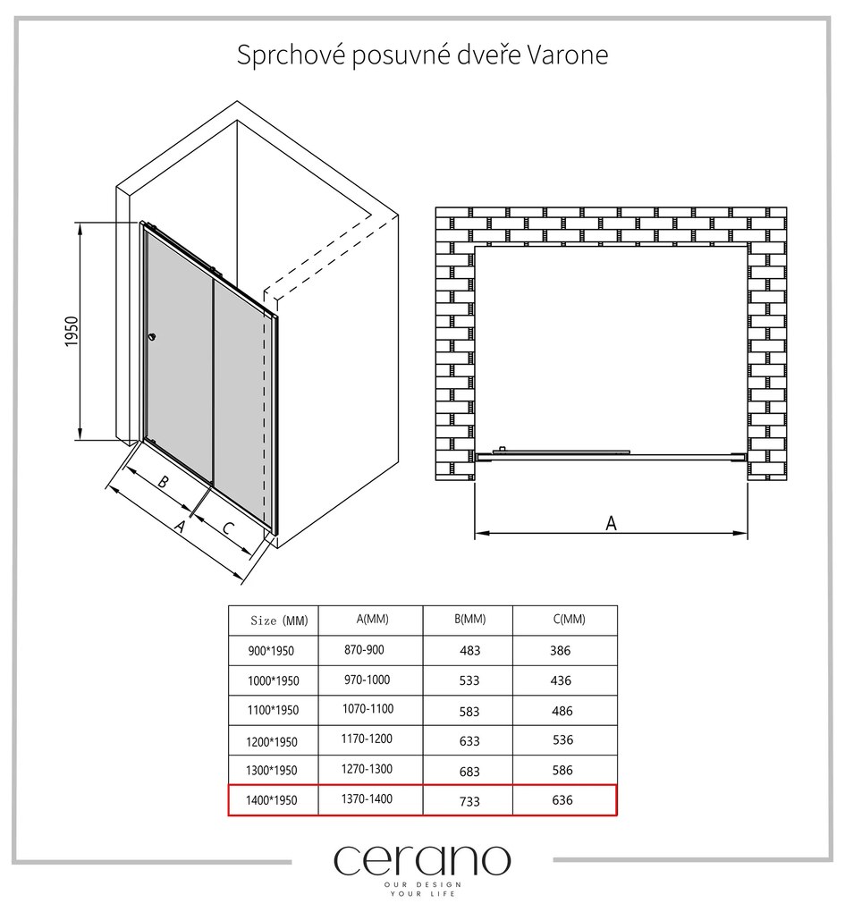 CERANO - Sprchový kout Varone L/P - černá matná, transparentní sklo - 140x90 cm - posuvný