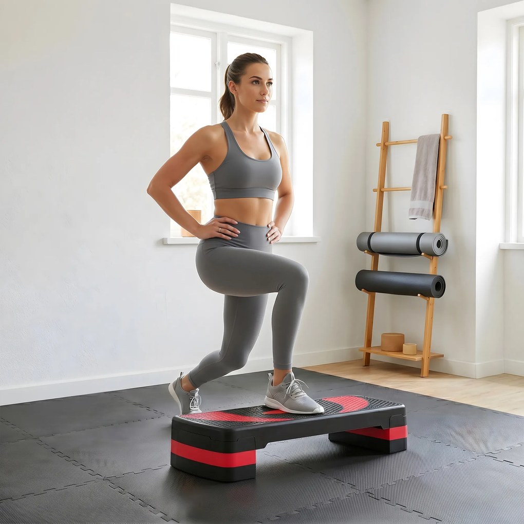 HOMCOM Aerobní stepper, výškově nastavitelné, pro vnitřní i venkovní použití, nosnost až 150 kg, 80 x 31 x 10-20 cm, Červený