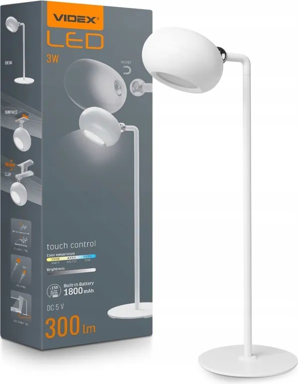 Led stolní lampa s akumulátorem Videx VLE-TF18W bílá