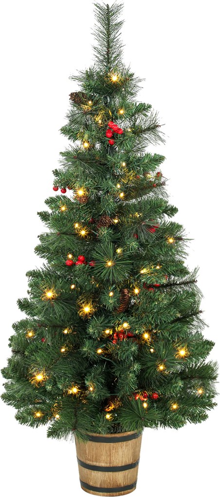 HOMCOM Umělý vánoční stromek, 120 cm Jedle s 100 LED osvětlením 131 špiček Bobule, 2 barvy světla, Dálkové ovládání