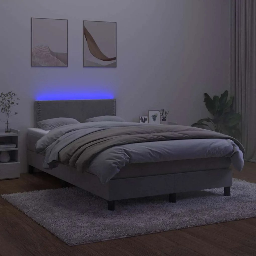 Box spring postel s matrací a LED světle šedá 120x200 cm samet 3134333