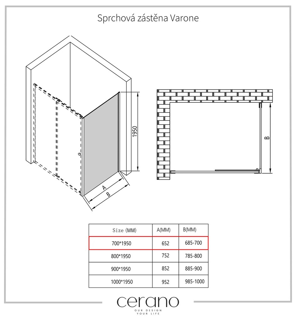 CERANO - Sprchová zástěna Varone L/P - černá matná, grafitové sklo - 70x195 cm - jednodílná pevná
