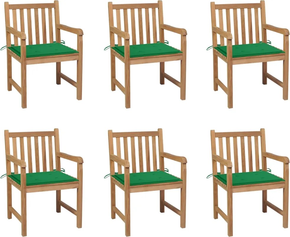 Zahradní židle 6 ks zelené podušky masivní teak 3073036