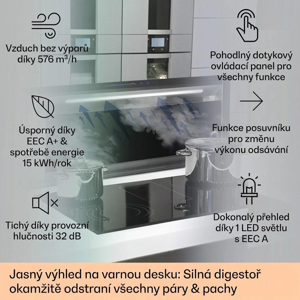 Klarstein Royal Flush Eco, digestoř, 90 cm, výsuvná, 604 m³/h, A+, černá
