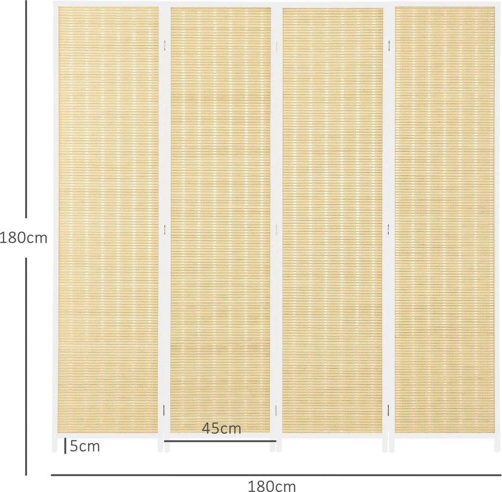 HOMCOM Skládací Oddělovač Místnosti 4 Panely 180x180 cm Ručně Tkaný z Bambusu a Bavlny Elegantní Dekorace do Obývacího Pokoj Bílá