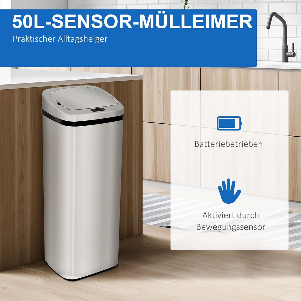 HOMCOM Automatický odpadkový koš se senzorem Odpadkový koš kuchyňský nerez 50/68L Stříbrná (50L) | Aosom