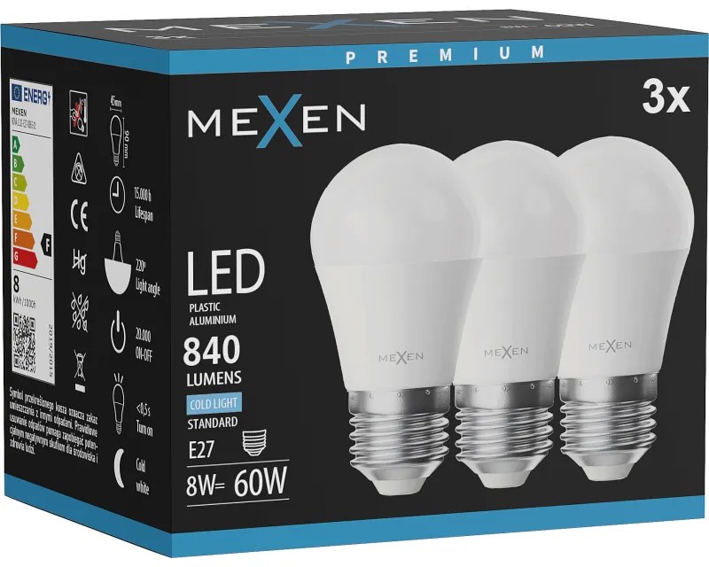 Mexen Nova 3x LED žárovka E27, G45, 8W, Studená - 6500K, 840 lm - L101-E27-0865-01x03