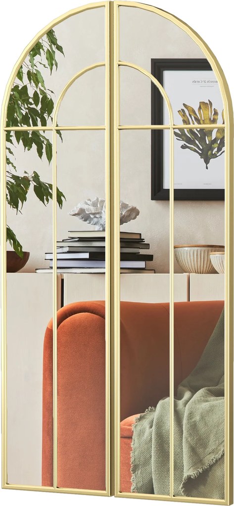 HOMCOM Dekorativní Zrcadlo na Zeď 2 Kusy 30x120 cm Okno se Zakřiveným Designem a Kovovým Rámem pro Obývací Pokoj, Ložnici a Vstup Gold