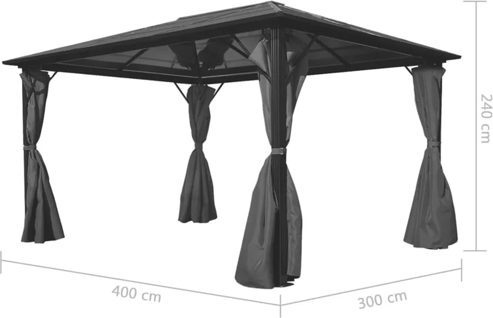 Zahradní altán se závěsy hliníkový antracitový 400 x 300 cm