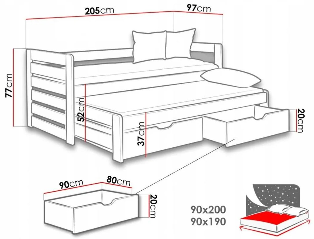 Dětská postel z masivu borovice TOMÁŠ s přistýlkou a šuplíky - 200x90 cm - bílá