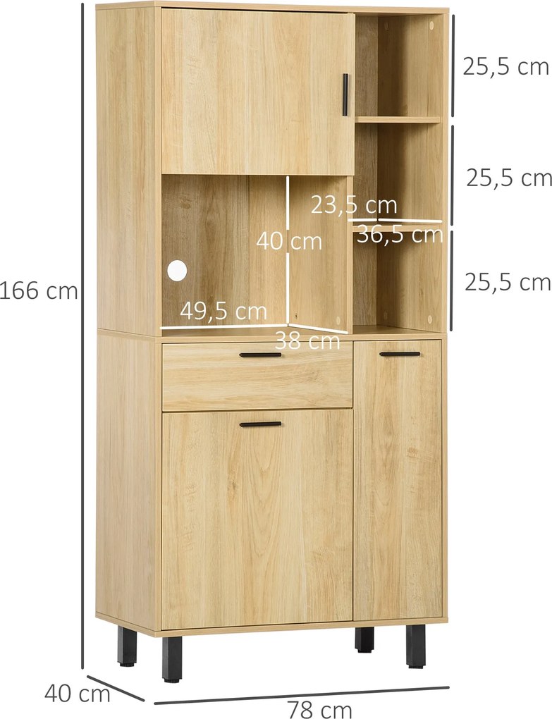 HOMCOM Kuchyňský bufet s vícero úložným prostorem, 1 zásuvkou, 3 skříňkami, 4 policemi a otvorem pro vedení kabelů, 166 cm výška
