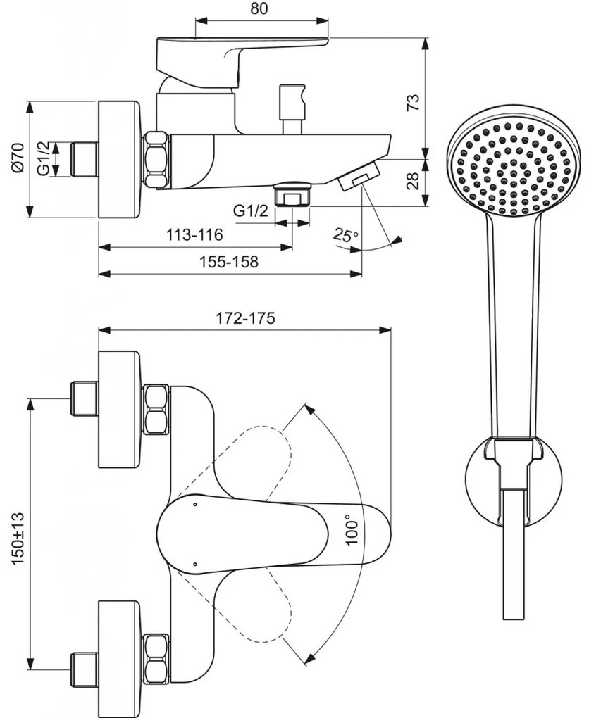 Ideal Standard Cerafine O - Vanová baterie nástěnná se sprchovým setem, chrom BC706AA