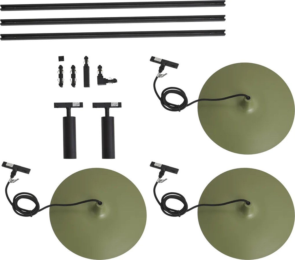 Moderní kolejnicový systém černý se 2 bodovými světly a 3 závěsnými svítidly zelený 1-fázový - Slimline Uzzy Panzi