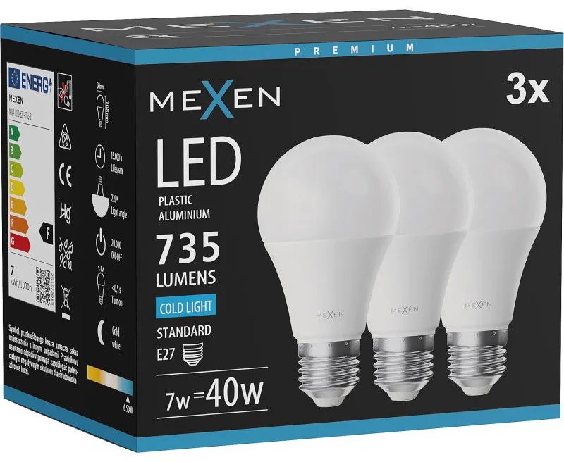 Mexen Nova 3x LED žárovka E27, A60, 7W, Studená - 6500K, 735 lm - L100-E27-0765-01x03
