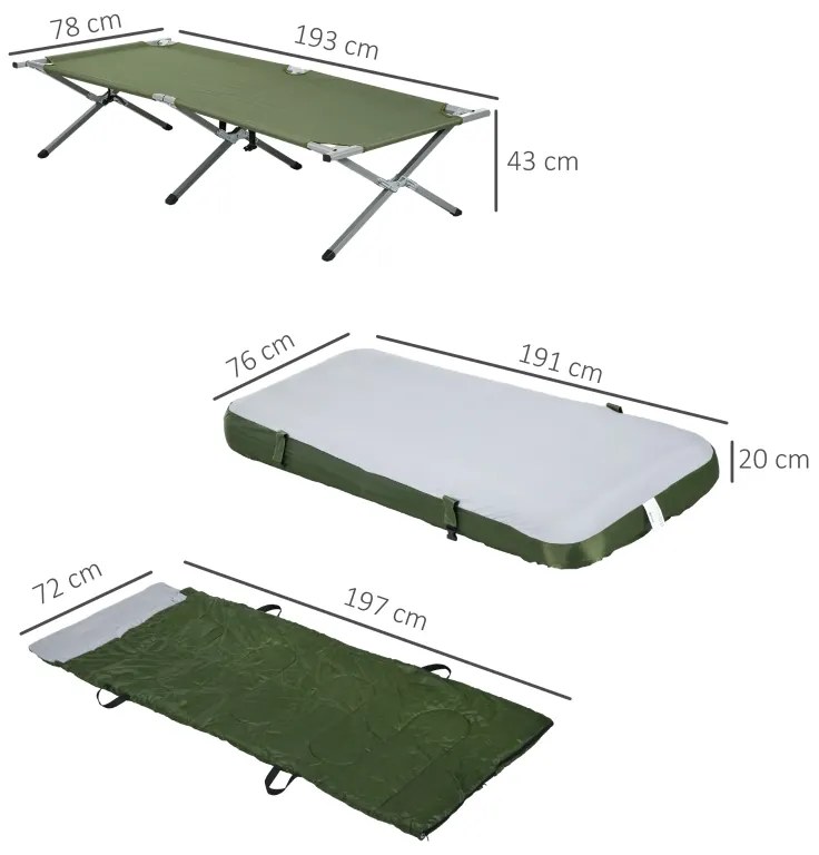PEPU Kempingová postel Outsunny, 5dílná sada, včetně přepravní tašky, 193 x 86 x 43/63 cm, zelená