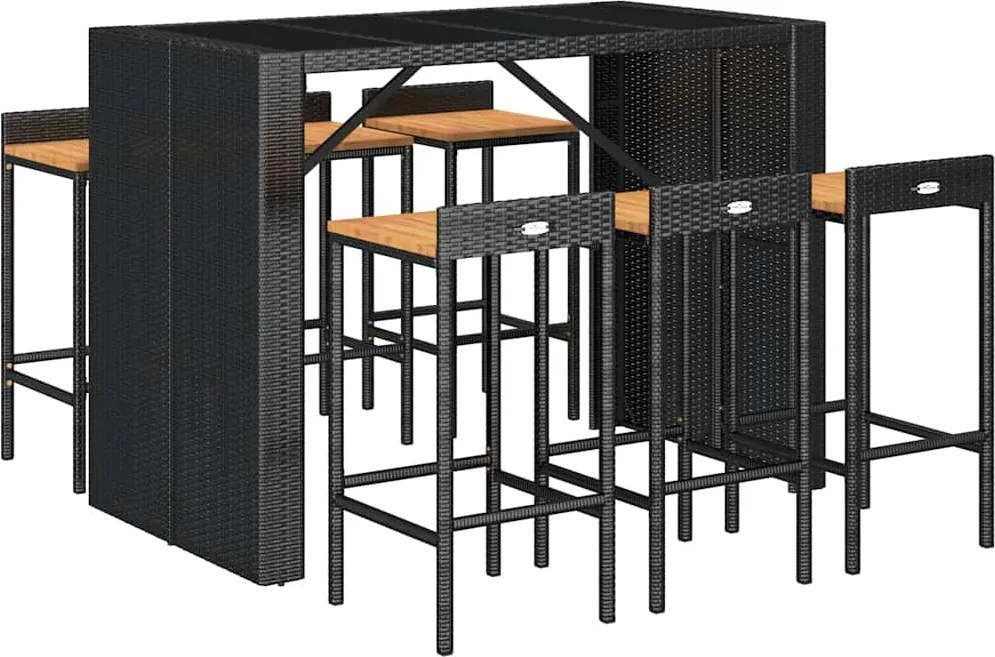 7dílný zahradní barový set černý polyratan a masivní akácie 3187686