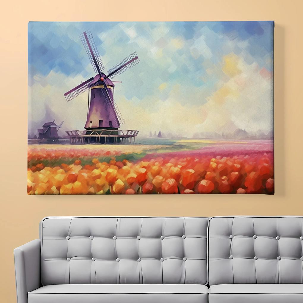 Obraz na plátně - Tulipánové pole s větrným mlýnem FeelHappy.cz Velikost obrazu: 120 x 80 cm
