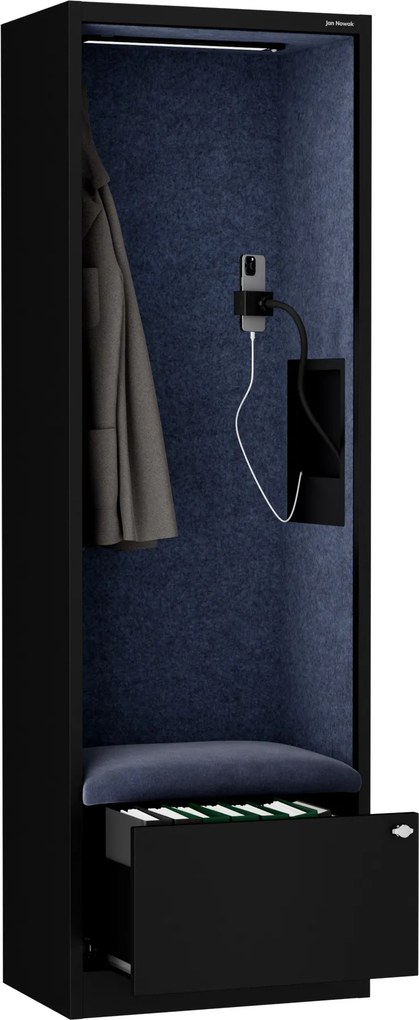 Kancelářská akustická kabina se sedátkem a USB-C portem, korpus černý / sedák námořnická modrá, 600 mm: SALLY MentalBox
