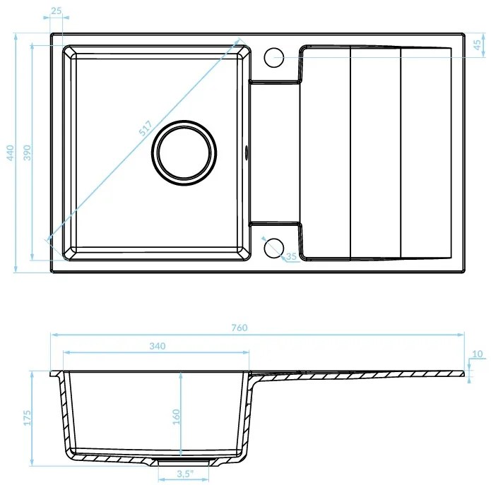 Kuchinox Rab, 1-komorový granitový dřez 760x440x160 mm, černá skvrnitá, LAV-SBF_711Y