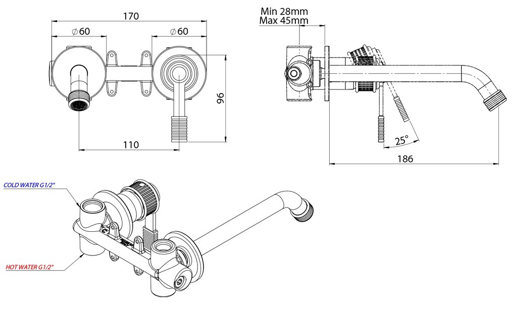 Sapho Sapho, VERSI podomítková umyvadlová baterie, černá matná, RV018/15