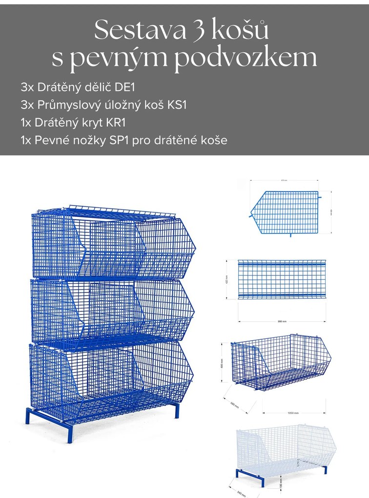 FEROPLAST spol. s.r.o Průmyslový úložný koš KS1, kompletní set 3 košů na pevných nohách