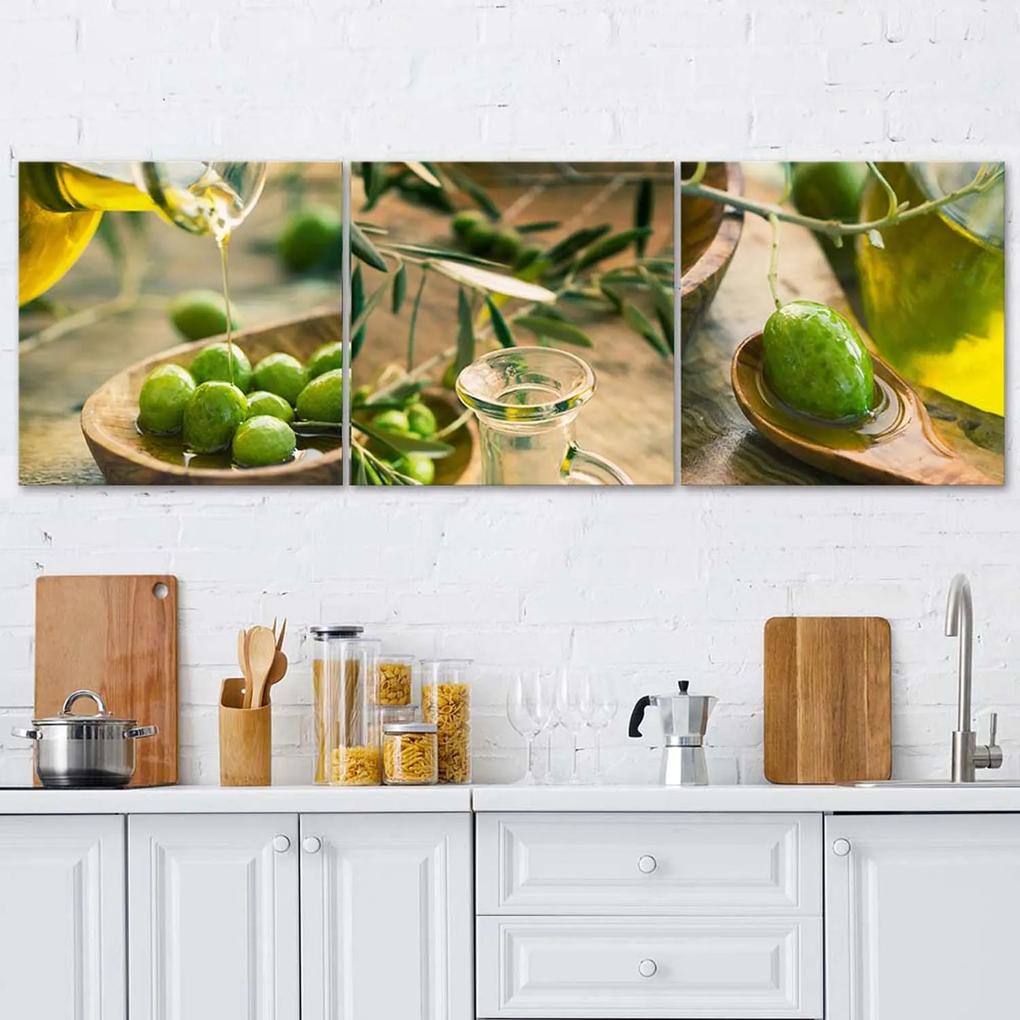 Gario Sada obrazů na plátně Olivový olej a zelené olivy - 3 dílná Rozměry: 90 x 30 cm