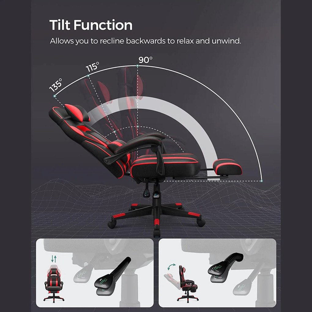 Ergonomická židle, výškově nastavitelná kancelářská židle s podnožkou, černá-červená