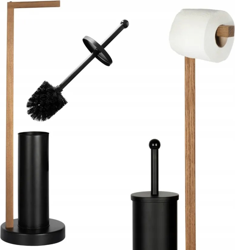 Erga Aurora Black, toaletní WC kartáč s dřevěným držákem na WC papír na postavení 19x19x72,5 cm, hnědá-černá, ERG-SEP-1004SEPSTLUNA