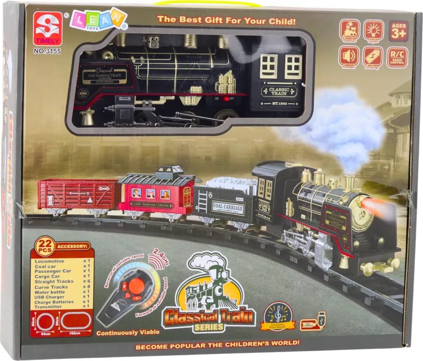 LEAN Toys Vláček na dálkové ovládání RC lokomotiva světla zvuky kouř 22 ks