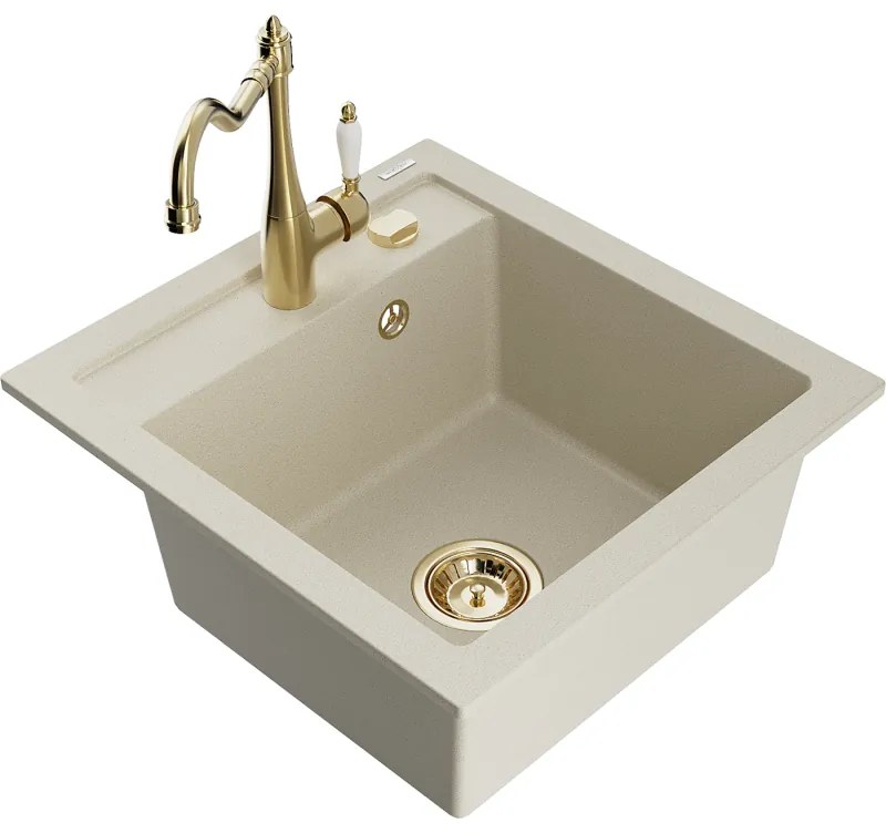 Mexen Vito, granitový dřez 490x520x210 mm, 1-komorový a dřezová baterie Carla, béžová, 6503-69-670700-50