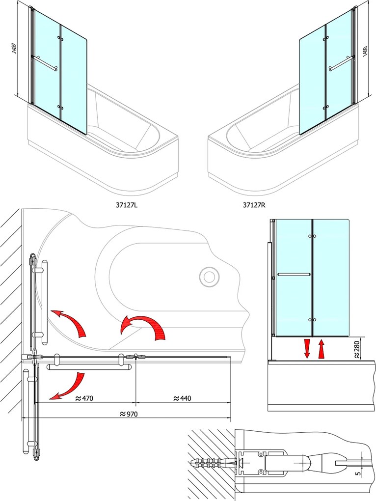 Polysan ODESSA 97 x 140 cm pneumatická vanová zástěna 37127