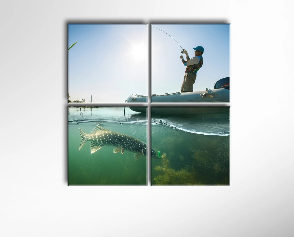 Malvis ® Obraz Rybář na člunu zdolává štiku ROZMĚR (šířka x výška): jednodílný obdélník 90x60 cm