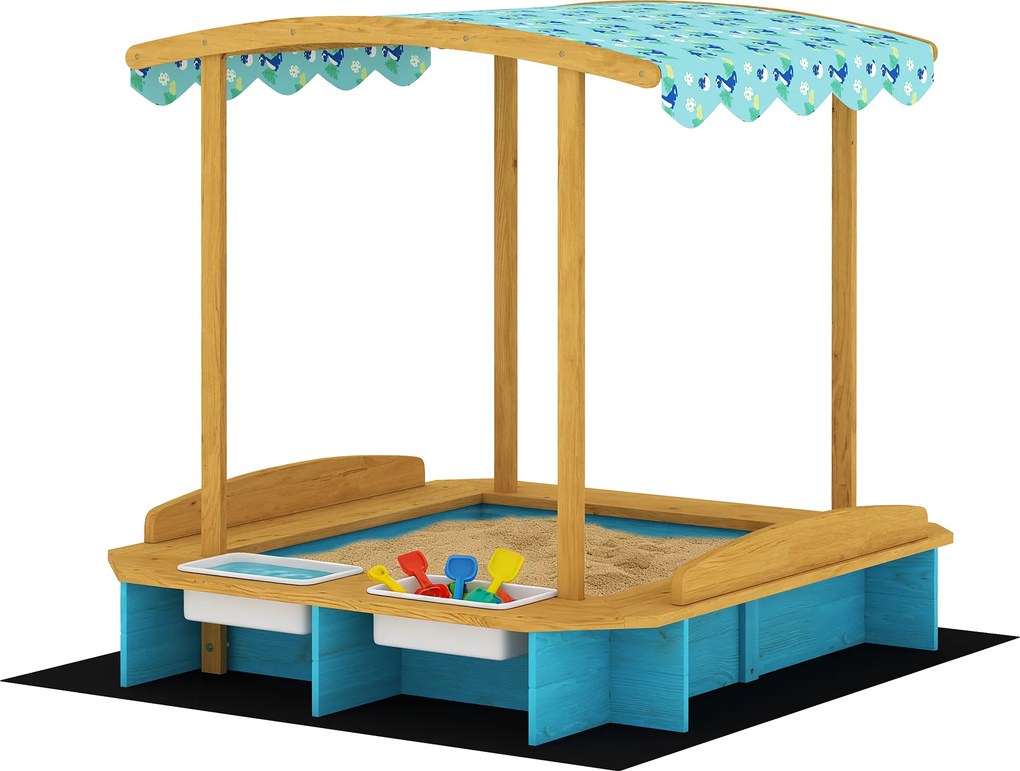 AIYAPLAY Dřevěné pískoviště se střechou, 3 lavice, 2 PP boxy, podklad pro děti 3-6 let, 128x118x121 cm, modrá