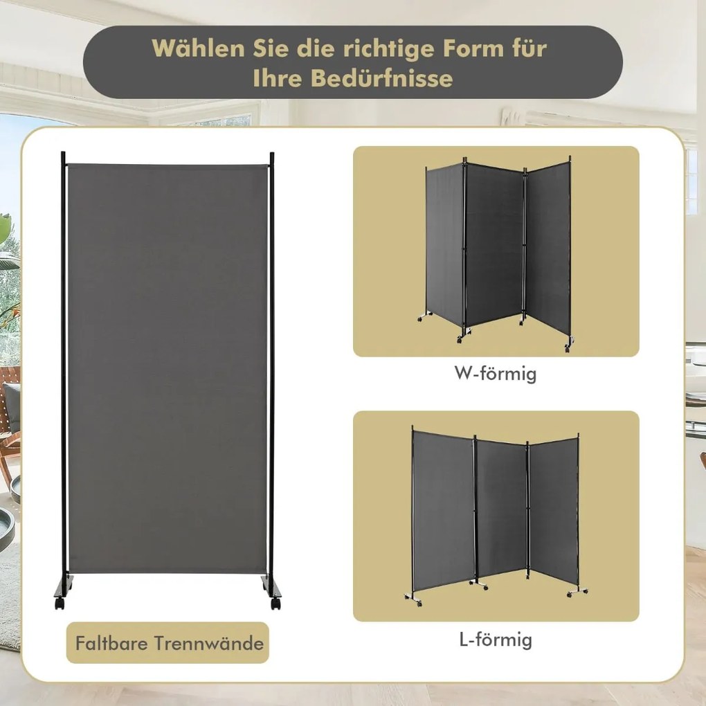 Costway 180 cm vysoká dělicí příčka na kolečkách. Skládací zástěna s 3 volně