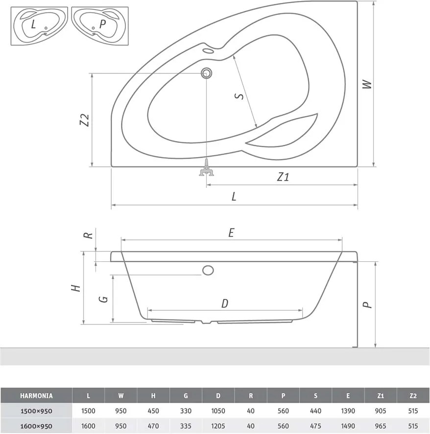 Asymetrická rohová akrylátová vana HARMONIA S 1500 × 950 Levá HARMONIA 150 (L) 200 l 9800000