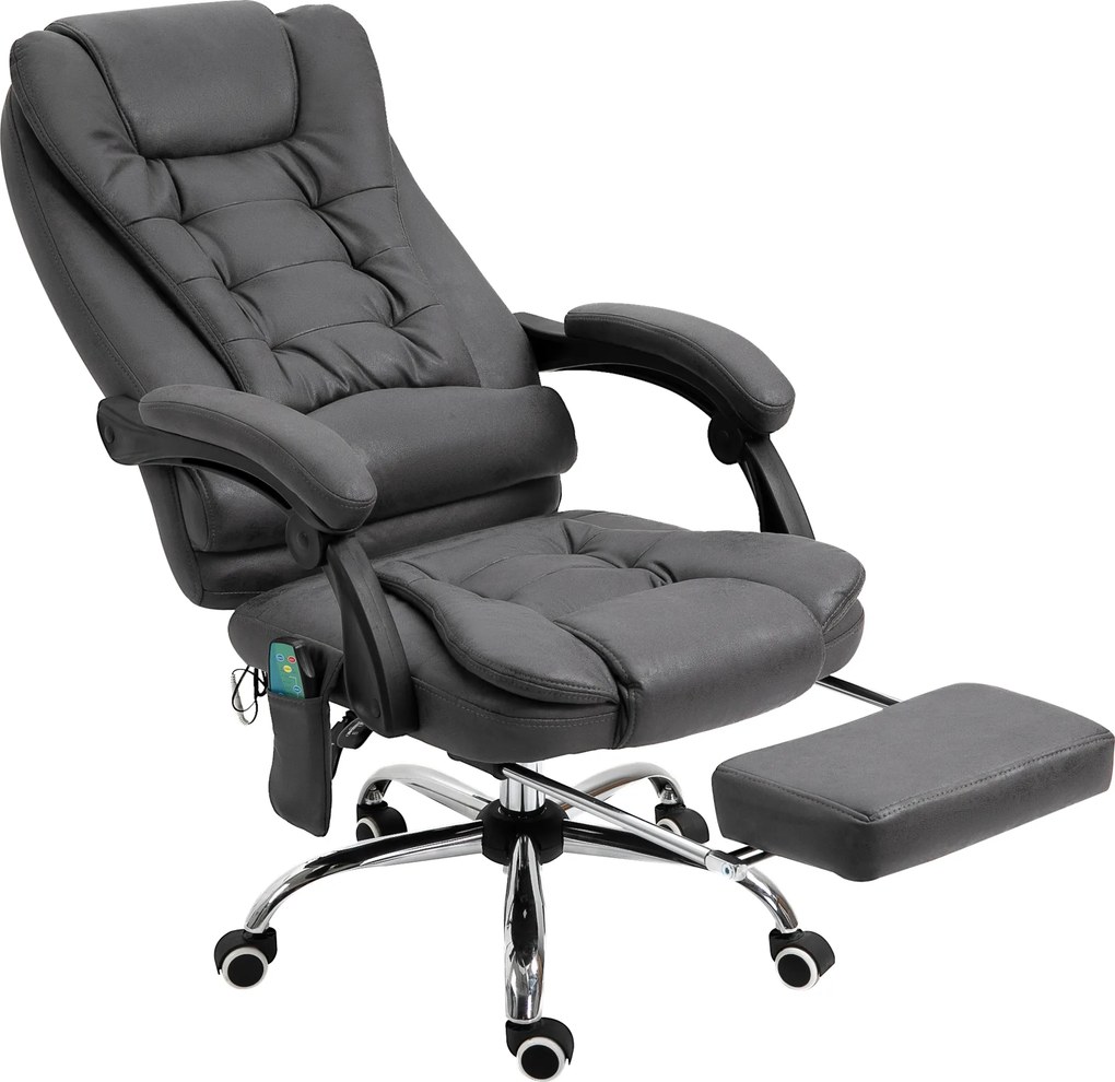 Kancelářská židle Vinsetto s masážní a vyhřívací funkcí, ergonomická, 6 masážních bodů, podnožka, dálkové ovládání, polyester, 65 x 160 x 104 cm, šedá