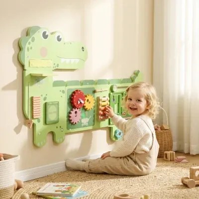 AIYAPLAY Montessori motorická deska dřevěné Busy Board dinosaurus, nástěnně montovaná s xylofonem, hodinami a ozubenými koly, zvukové tyče