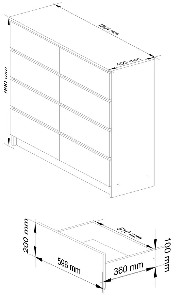 Komoda Kuba 120 cm 8 šuplíků dub artisan/bílá