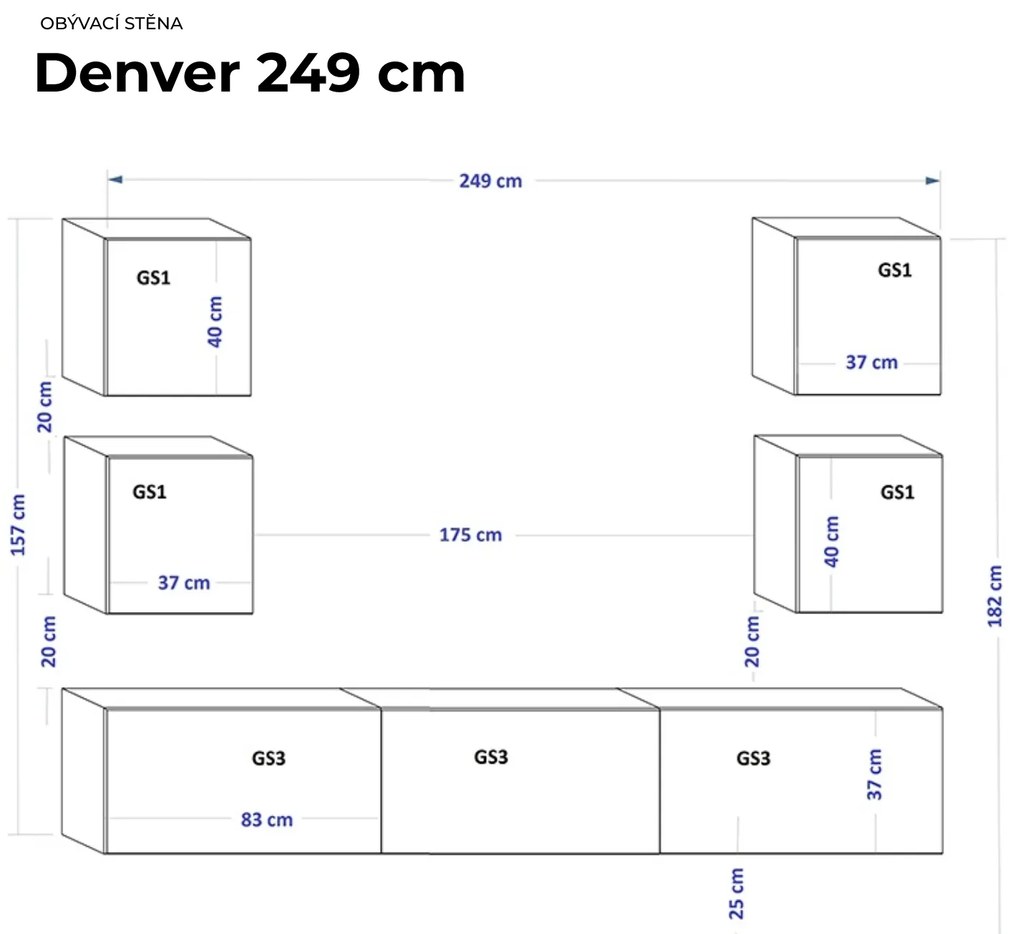 Ral Obývací stěna DENVER 2, 249 cm - Bílý lesk