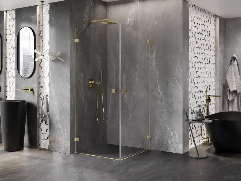 Mexen Lunar-B Duo, výklopný sprchový kout 95 x 95 cm, 8mm čiré sklo, zlatý matný profil, 832-095L-095P-55-00