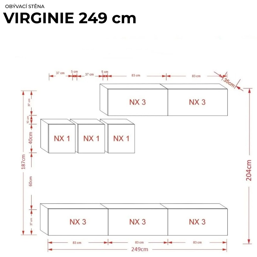 Ral Obývací stěna VIRGINIE 1, 249 cm - Bílá/Černý lesk