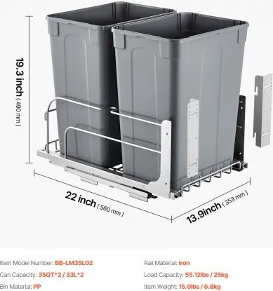 Výsuvný odpadkový koš VEVOR, 33,122 l × 2