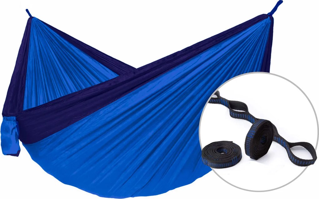 Hamaka Houpací síť pro dva Camping + Slap strap (modrý SET)