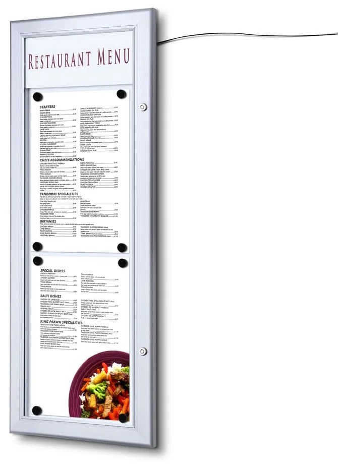 Venkovní uzamykatelná světelná menu vitrína 2 x A4, na výšku, hliník