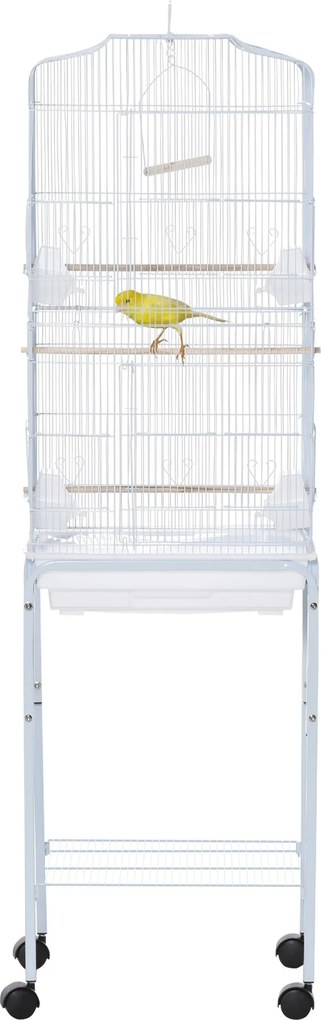 PawHut Ptačí Klec na Kolečkách 46,5x36x157 cm, Kovová Ptačí Klec se 4 Krmítky, 3 Hnízdy, Vyjímatelným Velkým Odtokem a Úložnou Policí pro Kanárky a A…