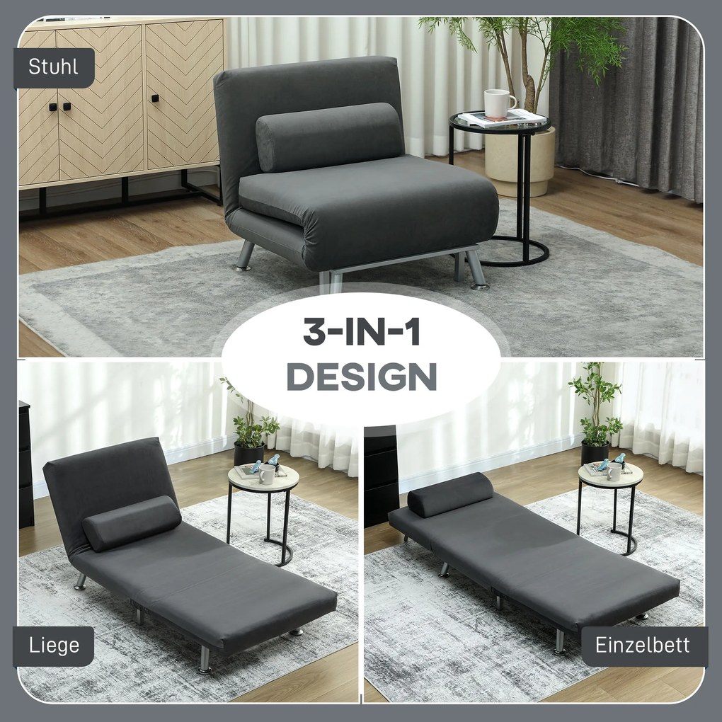 HOMCOM Skládací křeslo s funkcí postele, skládací polohovací křeslo v sametovém stylu, nastavitelná opěradla, 75 x 70 x 75 cm, tmavě šedá